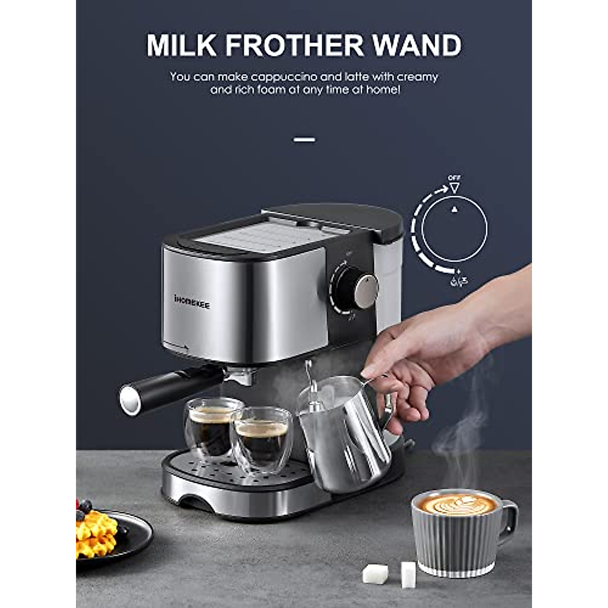 Ihomekee Espresso Machine 15 Bar Pump Pressure, Espresso and Cappuccino Coffee Maker with Milk Frother/Steam Wand for Latte, Mocha, Cappuccino, Silver - CM6826T