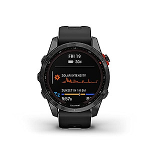 Garmin fenix 7S Solar, Smaller sized adventure smartwatch, with Solar Charging Capabilities, Rugged outdoor watch with GPS, touchscreen, health and wellness features, slate gray with black band