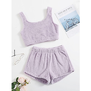 SweatyRocks Women's Fuzzy Pajamas Set Crop Tank Top with Shorts Loungewear Lilac Purple M