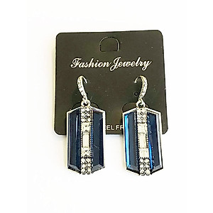 Extra Large Silver Tone Art Deco Antique Vintage Style Statement Blue Sapphire Rhinestone Geometric Dangle Earrings