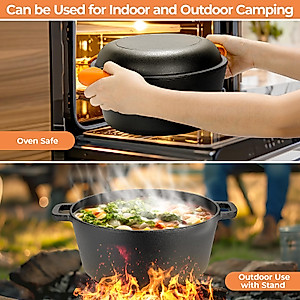 LIFERUN Dutch Oven Pot with Lid, 5.1 Quart Pot without Lid + 1.9 Quart Lid - Cast Iron Dutch Oven with Lid - Lid Doubles as Cast Iron Skillet - Silicone Handle Holders, Iron Stand - Use in the Oven, Stove, BBQ, Grill, Campfire