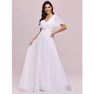 Ever-Pretty Women's Classic Chiffon Short Sleeve Pleated V-Neck Floor Length Bridesmaid Dresses White US14