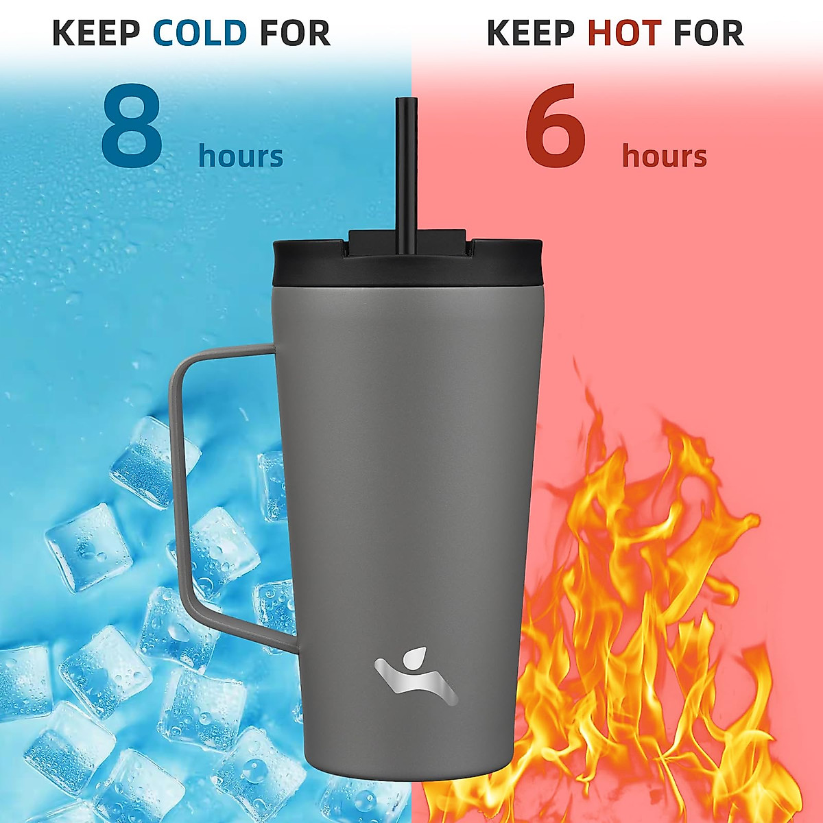 Konokyo Insulated Tumbler with Handle and Straw, 18 OZ Travel Coffee Mug Stainless Steel Cup Metal Water Bottle,Grey