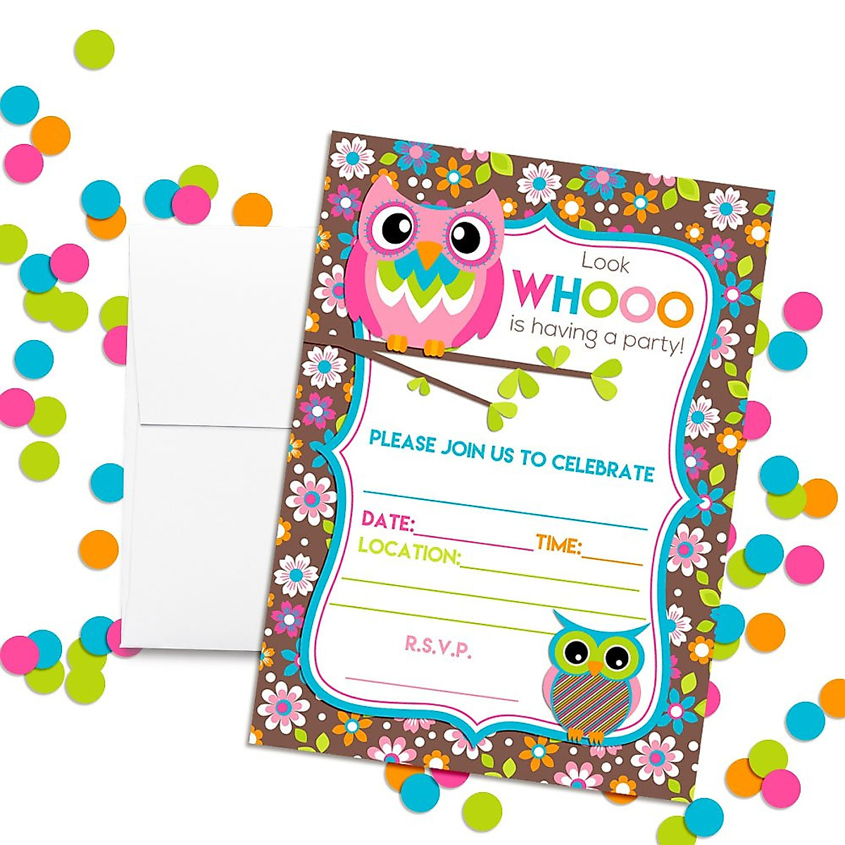 Owl Themed Birthday Party Celebration Invitations 20 5x7 Fill In Cards with Twenty White Envelopes by AmandaCreation Look Whoo is having a birthday!