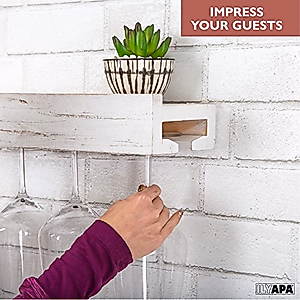 Ilyapa 2 Pack Rustic Shelf with Wine Glass Storage - Wall Mounted Wooden Wine Rack - White, Storage for 8 Glasses