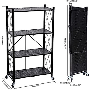 YSSOA HealSmart 4-Tier Heavy Duty Foldable Metal Rack Storage Shelving Unit with Wheels Moving Easily Organizer Shelves Great for Garage Kitchen, Black