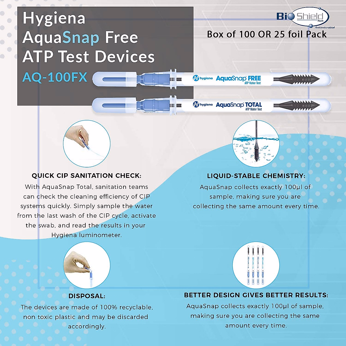 Hygiena Bio Shield Tech Aquasnap Free ATP Test Devices - AQ-100FX, Water ATP Testing Kits for Free ATP, Water Cooling Towers, Used Luminometers (100 Per Box)