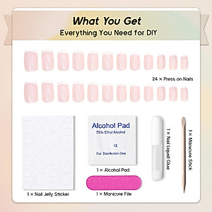 Qsnidy Press on Nails Square - White French Pink Fake Nails Medium Glossy Acrylic Full Cover Glue on Nails for Women and Girls, Natural Fit Stick On Nails in 12 Sizes - 24 Nails Kit