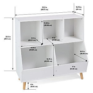 Badger Basket Kid's Bookshelf and Toy Organizer, 5-Bin Wooden Toy Storage with Feet - Fresh White