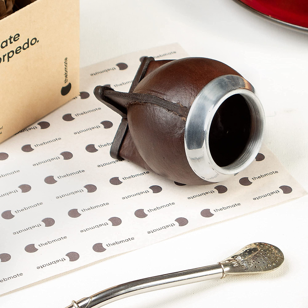 thebmate [Premium Yerba Mate Cup (Mate Gourd) - Crafted Ceramic Teacup – Dark Brown Leather Wrapped Handmade in Uruguay - Mate Torpedo - Torpedo Style