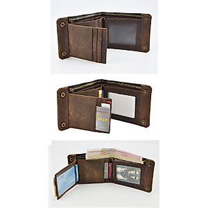Le'aokuu Mens Genuine Crazy Horse Leather Cowhide Bifold Card Case Purse Wallet Snap Button