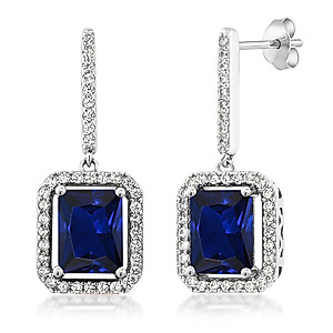 Gem Stone King 925 Sterling Silver Gemstone Birthstone Earrings | Emerald Cut 9X7MM | Drop Dangle Earrings for Women