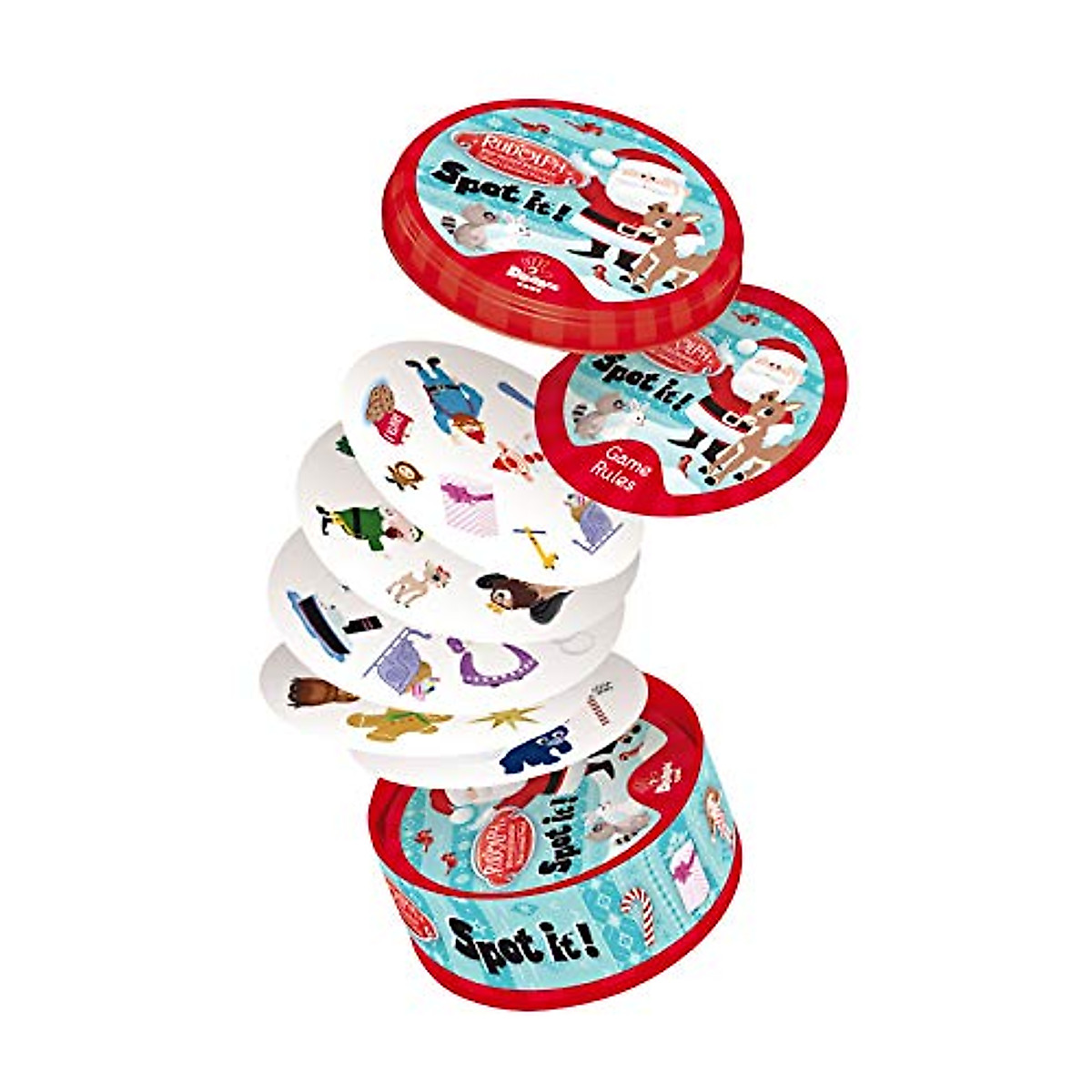 USAOPOLY Spot It! Rudolph | Fun Card Game for Kids and Adults | Featuring Rudolph, Santa Claus, Yukon Cornelius, Bumbles and More | Licensed Rudolph The Red Nosed Reindeer Game