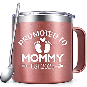 GINGPROUS New Mom Gifts, Promoted To Mommy Est 2025, 14oz Insulated Stainless Steel Coffee Mug, Mothers Day Gifts for New Mom To Be, First Time Mama, Mother, Mommy Pregnancy, Baby Shower, Rose Gold