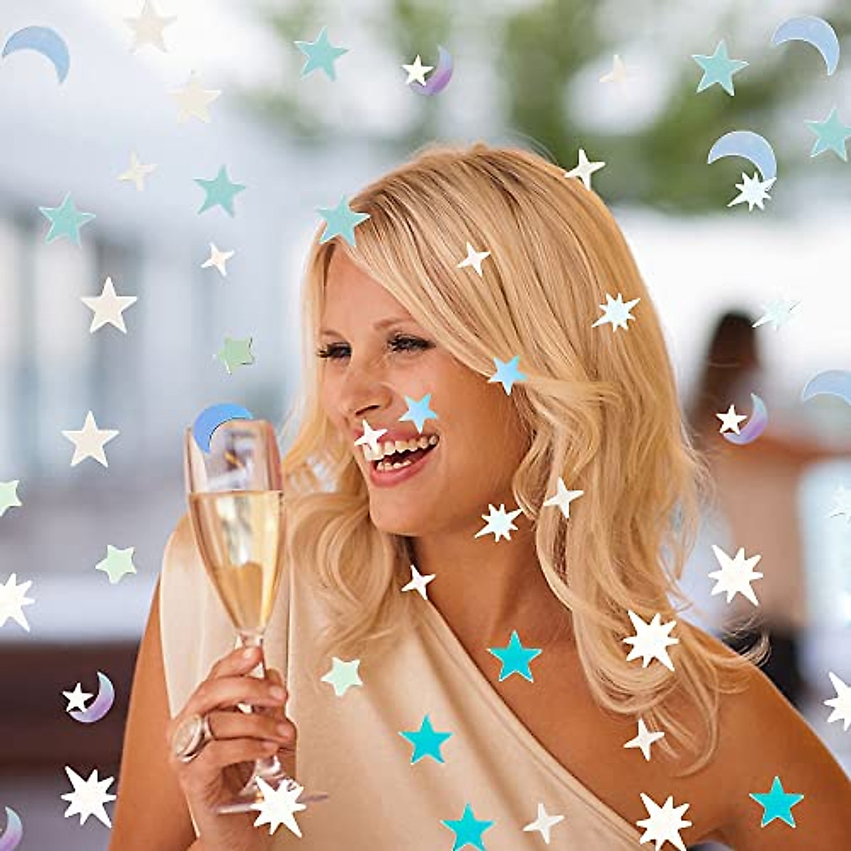 60 g/ 2.1 oz Holographic Star and Moon Table Confetti Iridescent Metallic Glitter Foil Confetti Sequin Star Moon Scatter for Halloween Birthday Wedding Festival Party DIY Decorations (3mm)