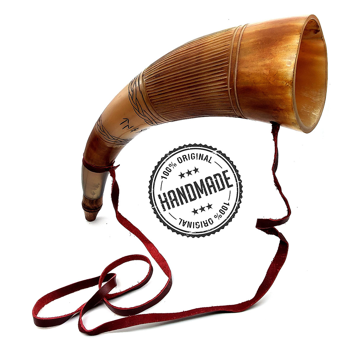 Viking War Horn - 16" Genuine Ox-Horn Battle Trumpet - Premium Hand Engraved Blow Horn Viking Norse Cattle Ancient Horn Bugle -Bugle Hunting Tool BATTLE HORN | BLOWING HORN | VIKING HORN With stand