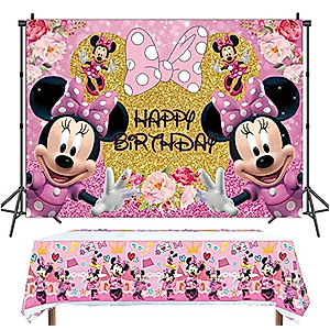 Pink Mouse Backdrop and Tablecloth for Gilrs Birthday Party Mouse Glitter Hapyy Birthday Backdrop 6x4ft Mouse Tablecloth Baby Shower Cake Table Decoration