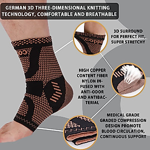 Copper Ankle Brace, Copper Infused Ankle Support Compression Sleeve for Men & Women, for Foot Pain Relief, Plantar Fasciitis, Sprained Ankle, Achilles Tendonitis,Recovery, Daytime or Night Use(L)