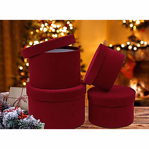 GnFlus Round Gift Boxes with Lids for Presents Set of 4 Velvet Nesting Gifts Box for Wedding Birthday Valentines Bridesmaid Christmas Party Anniversary - Red Wine