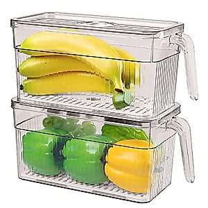 loobuu Produce Saver Containers for Refrigerator - 2 Pack Stackable Food Storage Container for Fridge, Berry Keeper Boxes with Removable Drain Tray Keep Fresh for Vegetables, Fruit,Meat and Salad