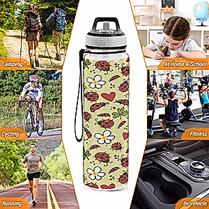 Fustylead Ladybugs and Flowers 32oz Water Bottle with Straw, Leakproof Clear Sport Water Bottles for Gym Camping Hiking Travel