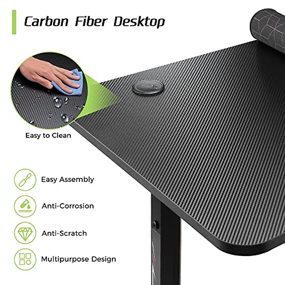 Eureka Ergonomic 60'' Gaming Desk, T-Shaped Carbon Fiber Surface Computer Desk with Free Mouse Pad,Large PC Gamer Desk Gaming Table with USB Handle Rack Cup Holder Headphone Hook,Black
