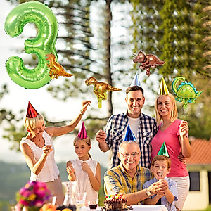 40 Inch Green Number 3 with Mini Dinosaur Balloon, Tyrannosaurus Rex Velociraptor Triceratops Brontosaurus Foil Balloons for Kid Birthday Cute Dino Baby Shower Party Decorations