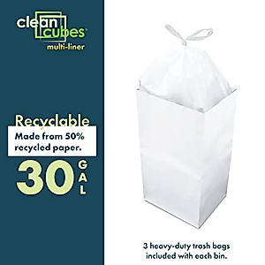 Clean Cubes (Multi-Liner 30 Gallon Trash Cans & Recycle Bins for Sanitary Garbage Disposal. Disposable Containers for Parties, Events, Recycling, and More. 3 Pack (White)