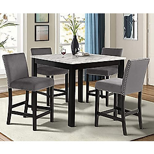 New Classic Furniture Celeste Faux Marble Counter Dining Table with Four Chairs, 5-Piece, Gray