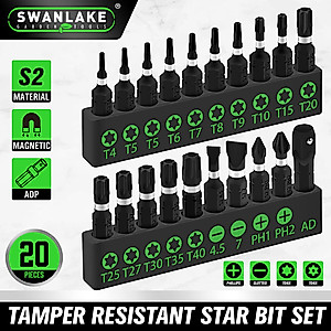 SWANLAKE 20PCS Tamper Resistant Star Bit Set,Torx Bit Set, Impact Grade Security Torx Bit Set,1/4-inch Hex Shank, S2 Alloy Steel, T4-T40