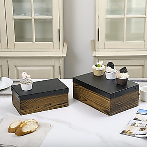 MyGift Solid Burnt Wood Cupcake Holder Cake Stand with Black Metal Top, Decorative Buffet Desserts and Appetizer Server Display Riser, Set of 2