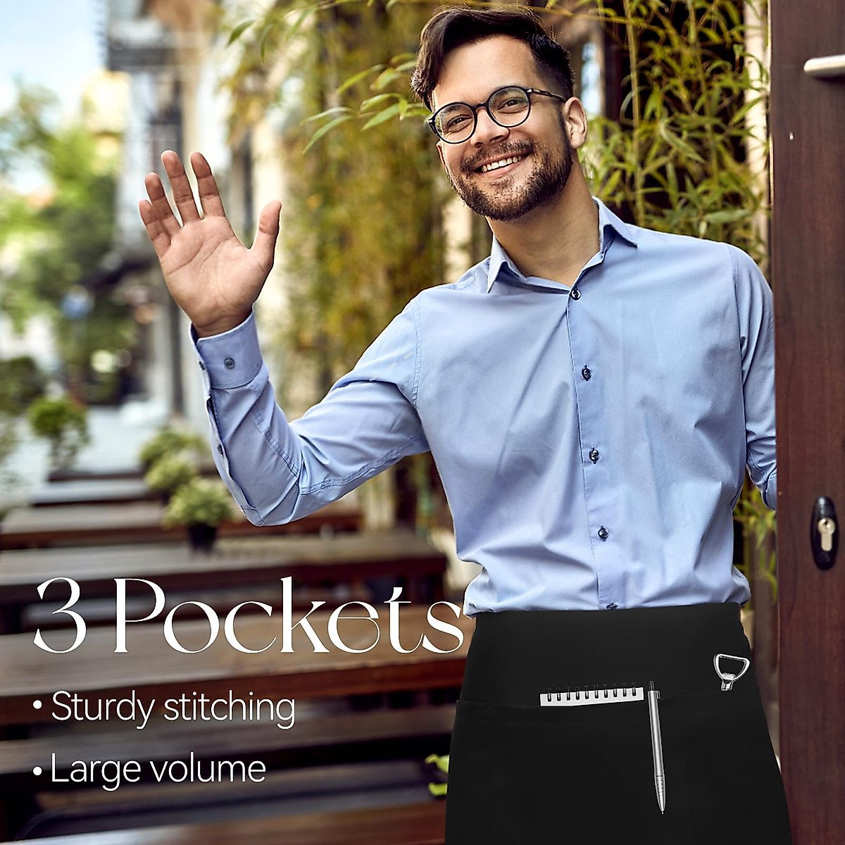 NLUS 3 Pack Server Aprons with 3 Pockets, Water Oil Stain Resistant Waitress Waiter Apron Black Waist Aprons Bistro Apron for Women Men, 24 X 12 inch