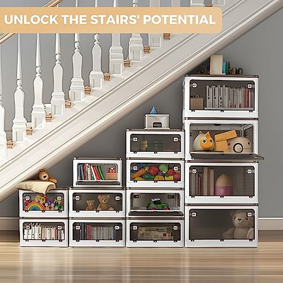 YumiHoe Stackable Storage Bins with Lids -Folding & Sturdy Plastic Storage Container Boxes for Closet, 8.8Gal Shoes, Crafts Organizer with Wheels (3 PACK White)