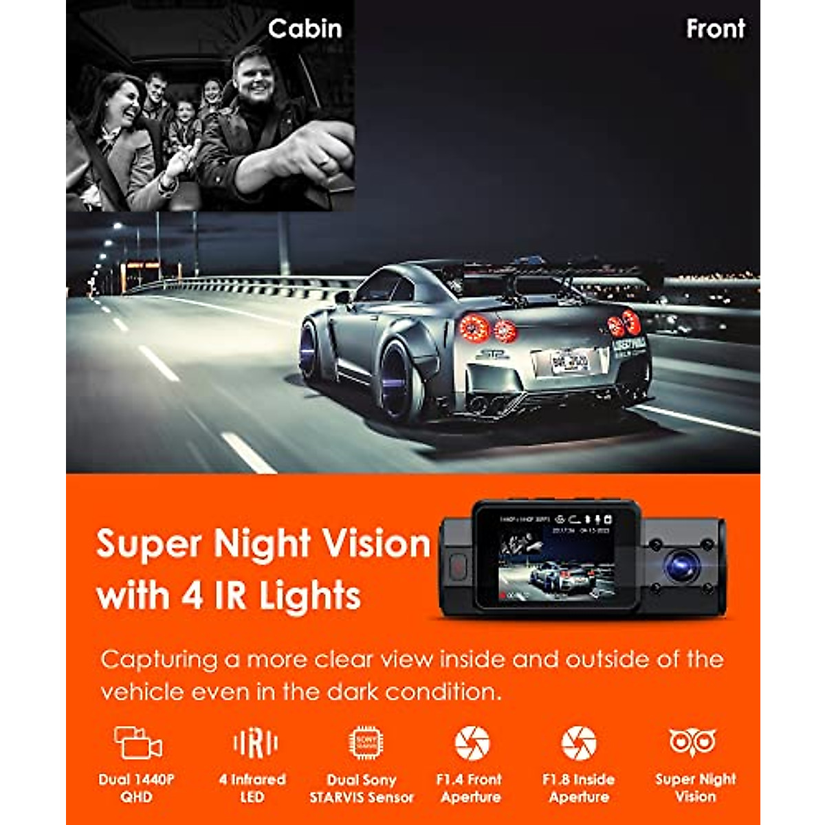 Vantrue N2S 4K Dash Cam with GPS, Front and Inside Dual 2.5K 1440P, IR Night Vision Uber Car Camera, 24/7 Recording Parking Mode, Motion Detection, 256GB Supported