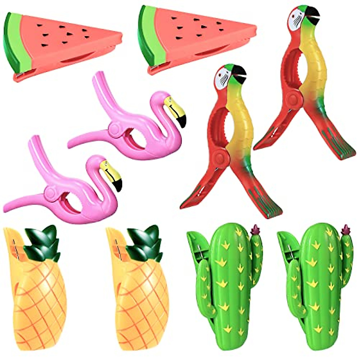 10 Pieces Beach Towel Clips Chair Holders Portable Towel Holders Flamingo Cactus Watermelon Parrot Clothes Pins in Fun Bright Colors for Holiday Beach Lounge Chairs Patio Pool Clothes Quilt Blanket