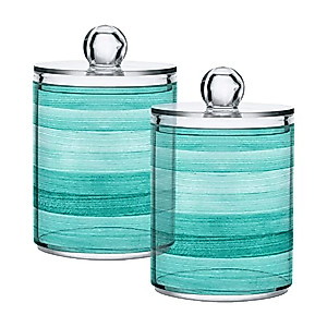 senya Clear Plastic Jars Cotton Swabs Cans, Teal Turquoise Green Wood Bathroom Canisters Storage Organizer with Lids 2PCs Set for Cotton Ball, Cotton Swab, flossers, Hair Bands