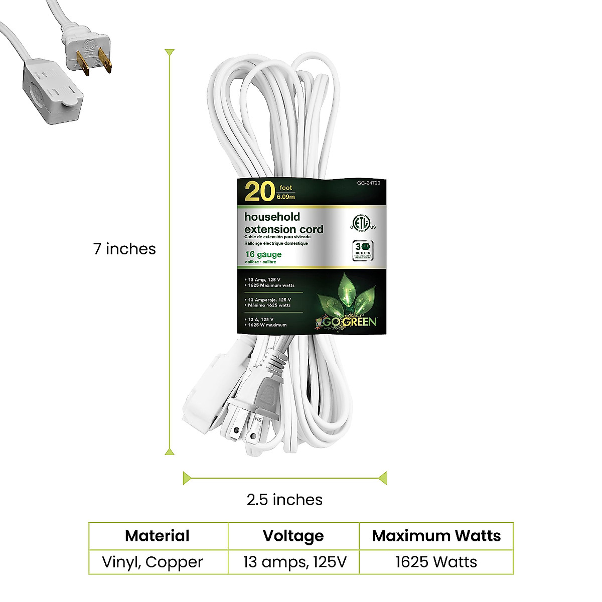 Go Green Power Inc. 20ft Household Extension Cord, White, 3 Outlets, 16/2, Indoor Use Only - Safe, Reliable, and Child-Safe Covers - Ideal for Everyday Electronics