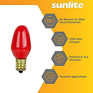 Sunlite 01058 7C7 Incandescent Bulb, 7 Watt, Candelabra E12 Base, C7 Small Night Light, Colored Bulb, Red, 12 Count