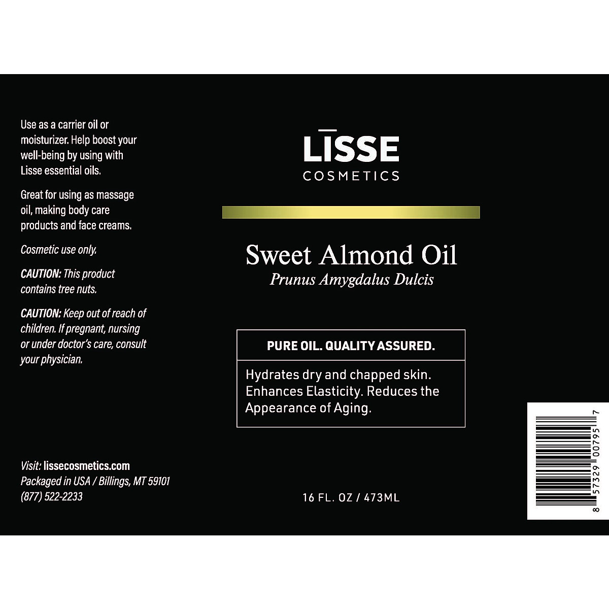 Lisse Cosmetic Grade - 100% Pure Sweet Almond Oil – Batch Tested and Third Party Verified – Unscented and Zero Additives