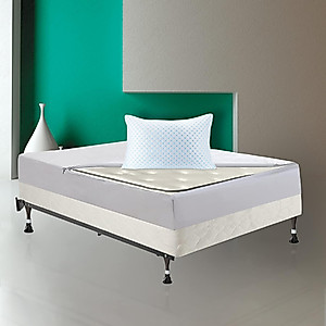 Nutan Pillow Top Mattress, Box Spring, Bed Frame, Bedbug Protector, and Pillow Set, Medium Firm Double Sided Mattresses Comfy Head Pillows, Waterproof Covering, Durable Support, Leg Support, Full XL