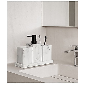 ZHANWANGJIAJU Bathroom Accessory Set Complete Vanity Top Decoration Set Marble Pattern Lotion Dispensing Soap Dispenser, Toothbrush Holder, Soap Pump, Tray (White)