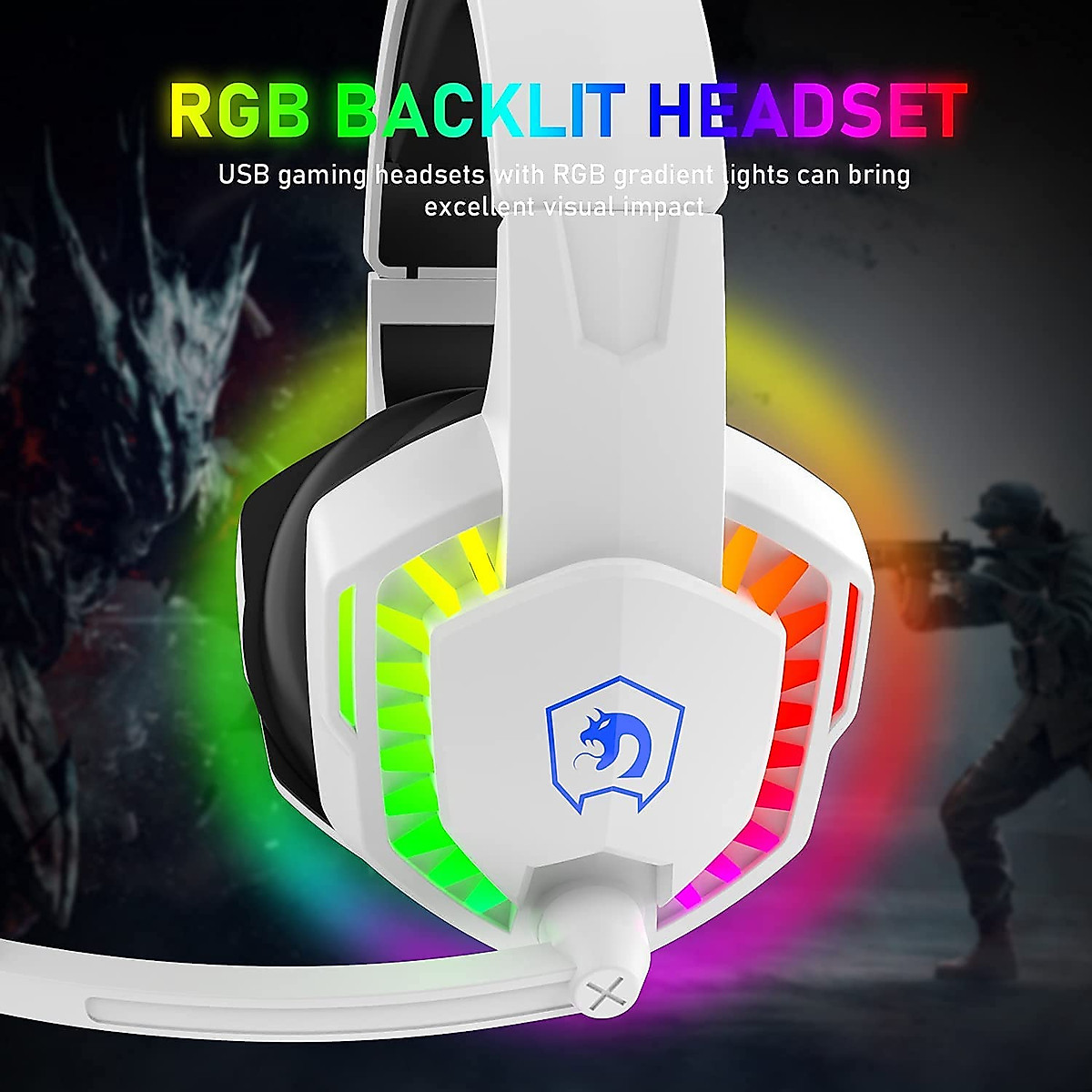 Wired Gaming Headset with Rainbow RGB Backlight Retractable Noise Isolating Microphone Stereo Sound Deep Bass Memory Foam Earmuff Over Ear Headphone for PS4 Xbox One Switch PC Mac Gamer Music (White)