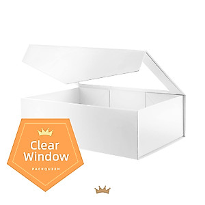 PACKQUEEN 5 Large White Gift Boxes with Windows, 13.5x9x4.1 Inches Clear Gift Boxes for Presents Contain Ribbons, Cards, Bridesmaid Proposal Boxes, Gift Boxes with Magnetic Lids (Glossy White)