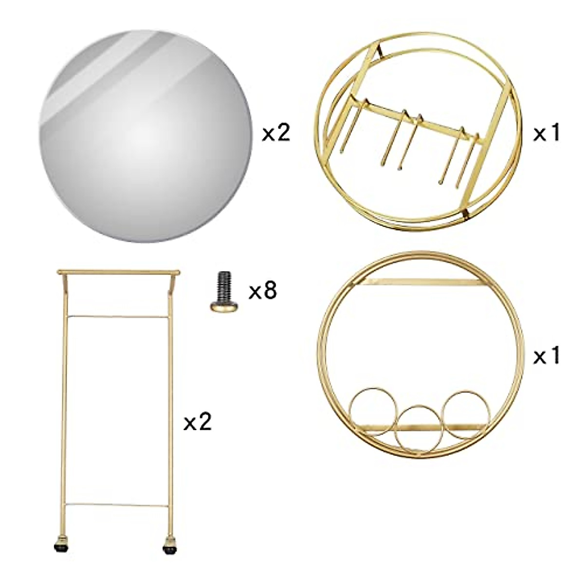 Round Gold Rolling Bar Cart with 2 Mirror Shelves, Wine Rack and Lockable Casters, Suitable for Home Kitchen, Club, Living Room, Thanksgiving, Christmas, New Year, 22"X18"X33"