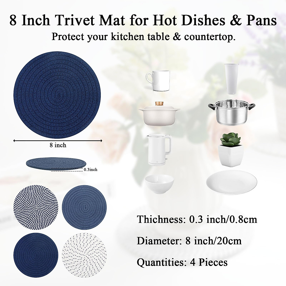 SHACOS 8 Inches Trivets for Hot Dishes, 4 Pieces Cotton Trivets Mats for Kitchen, Hot Pads for Countertops and Table, Heat-Resistant Pot Holders for Hot Pots and Pans(Blue, 4pcs)