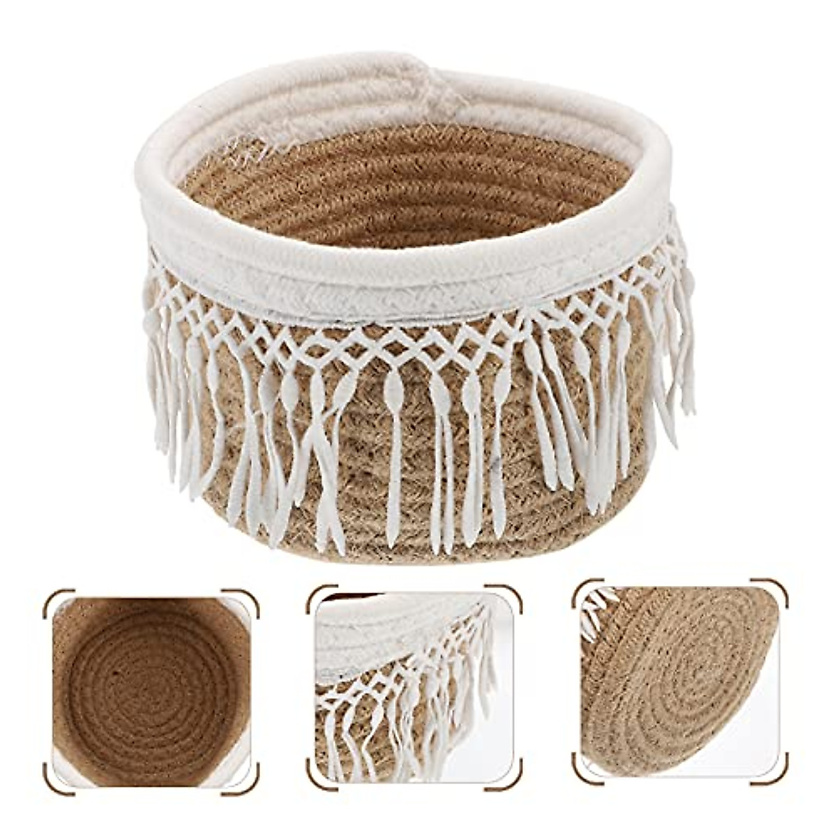 Cabilock Cotton Thread Storage Basket Boho Basket with Tassel Jute Color Farmhouse Small Laundry Basket Table Storage Braided Bin Organizer with Tassel Fringe