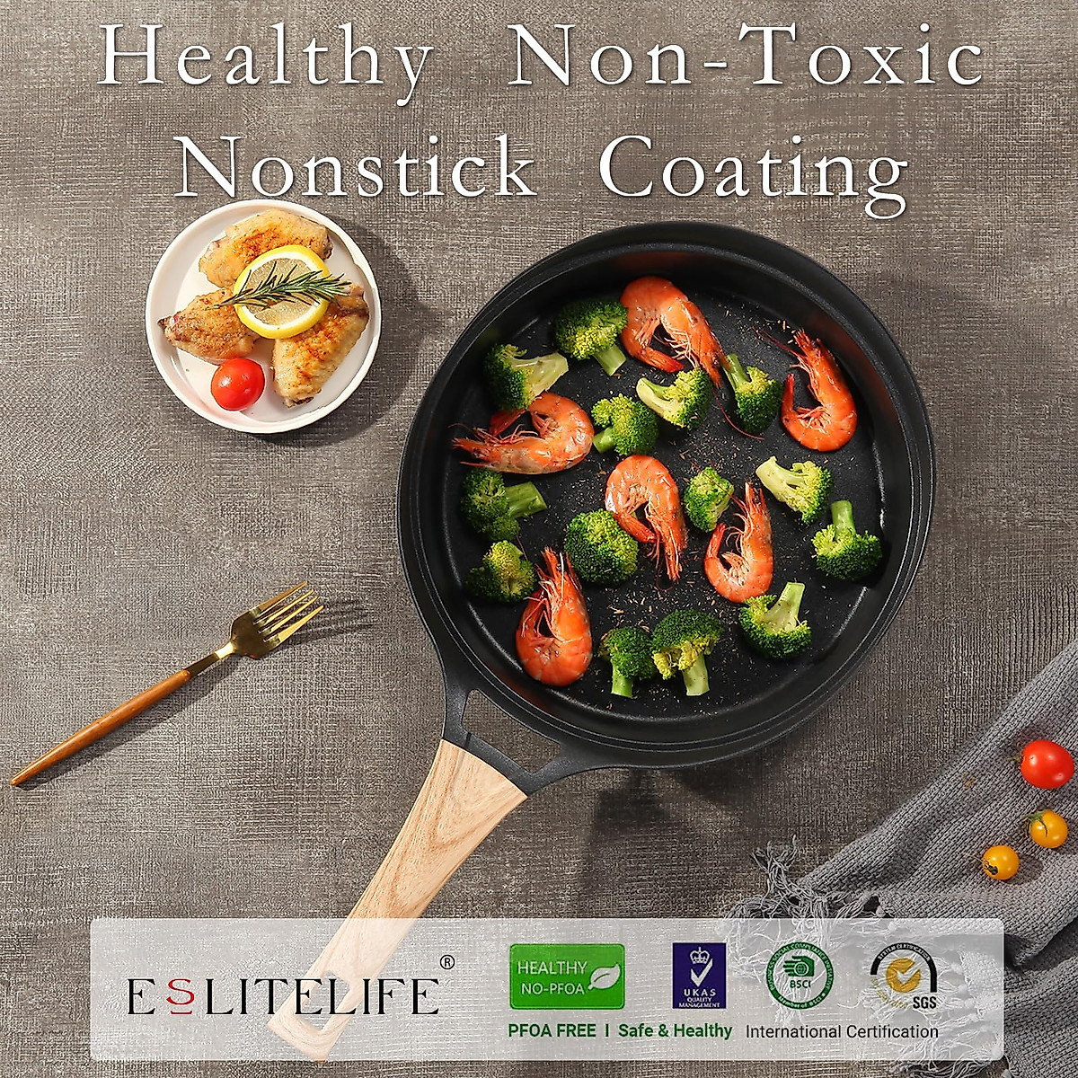 ESLITE LIFE Nonstick Deep Frying Pan Skillet, Healthy Granite Coating Egg Omelette Pan Stone Cookware Chef's Pan, PFOA Free(Black, 8 Inch)