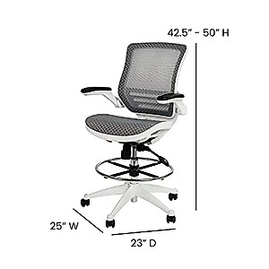 EMMA + OLIVER Gray Mid-Back Mesh Drafting Chair with White Frame and Flip-Up Arms