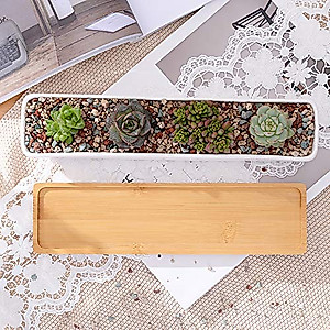 Farielyn-X 2 Pack White Succulent Planter Pots, 11.1 inch Long Rectangle Ceramic Plant Container with Bamboo Saucers, Mini Flower Cactus Pot Indoor Outdoor Home Garden Kitchen Decor, Plant not Include