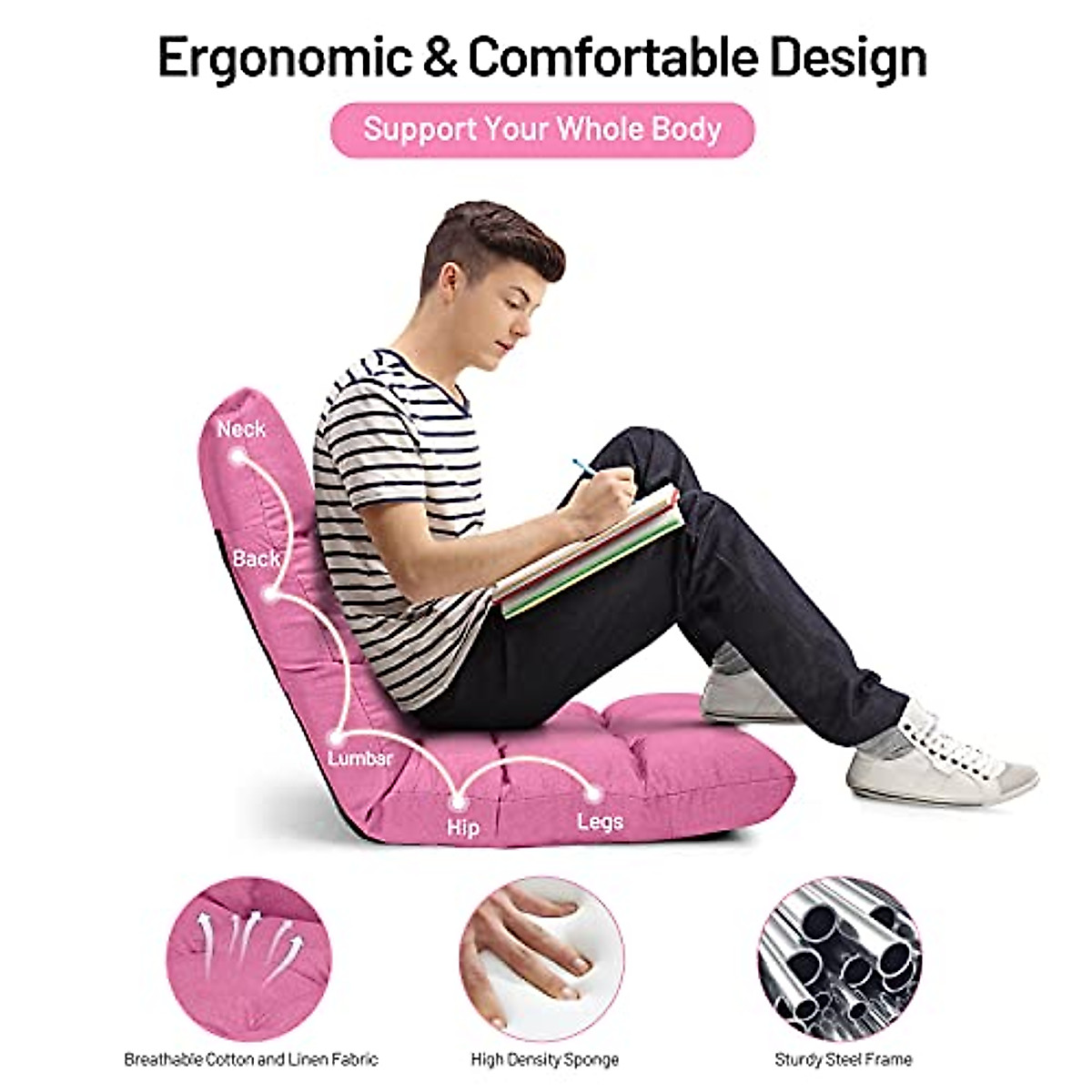 Giantex Floor Sofa Chair Video Gaming Chair with 14 Adjustable Position, Padded Back Support Floor Cushioned Seat, Folding Lazy Chair for Meditation, Reading, Watching, Living Room Recliner(Pink)
